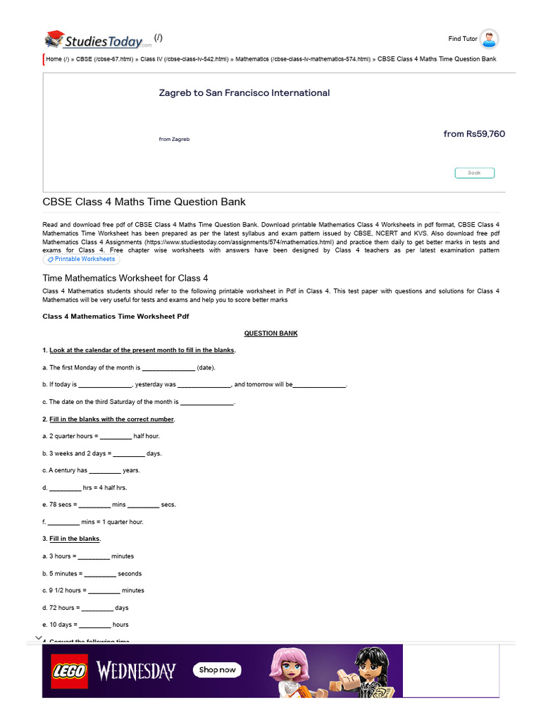 CBSE Class 4 Maths Time Question Bank | PDF | Multiple Choice