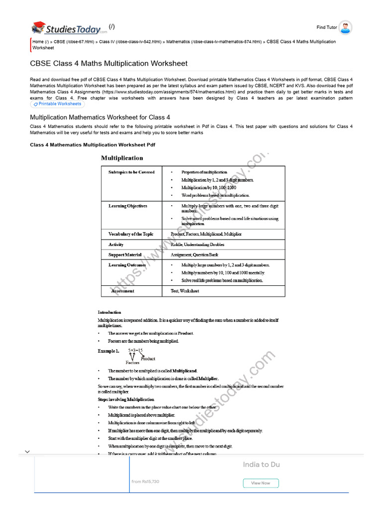 CBSE Class 4 Maths Multiplication Worksheet | PDF | Multiple Choice