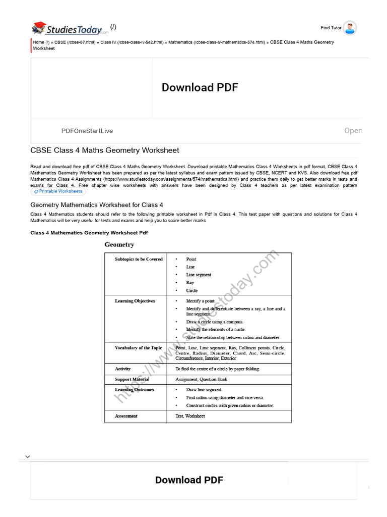 CBSE Class 4 Maths Geometry Worksheet | PDF | Multiple Choice | Worksheet