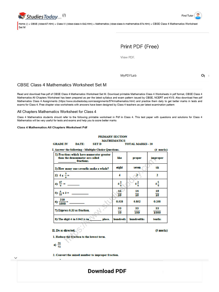 CBSE Class 4 Mathematics Worksheet Set M | PDF | Multiple Choice ... CBSE Class 4 Mathematics Worksheet Set M | PDF | Multiple Choice ...