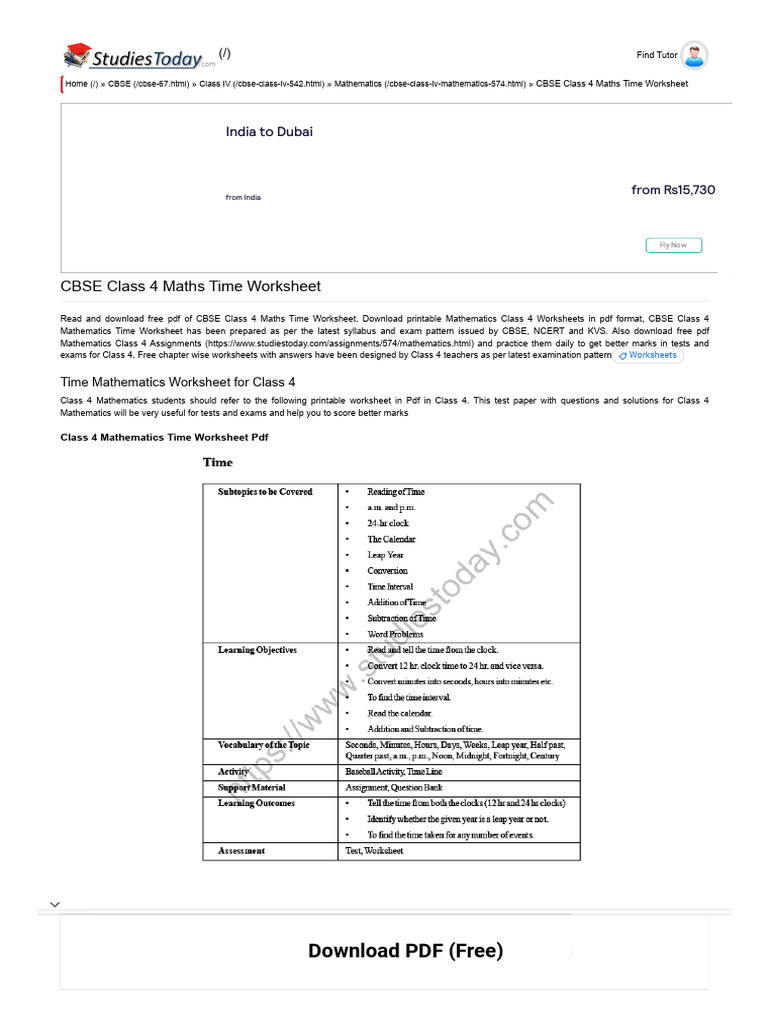 CBSE Class 4 Maths Time Worksheet | PDF | Multiple Choice | Worksheet