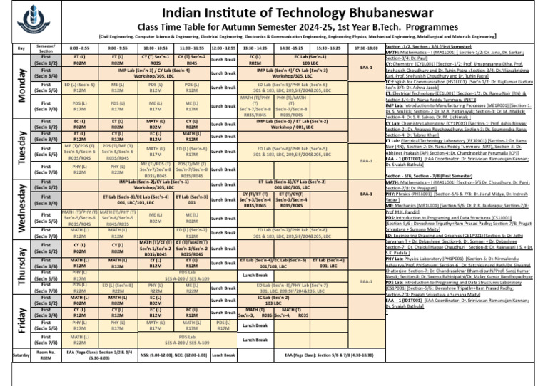 TimeTable-Btech-1st Yr Aut 2024 New | PDF | Natural Sciences | Science