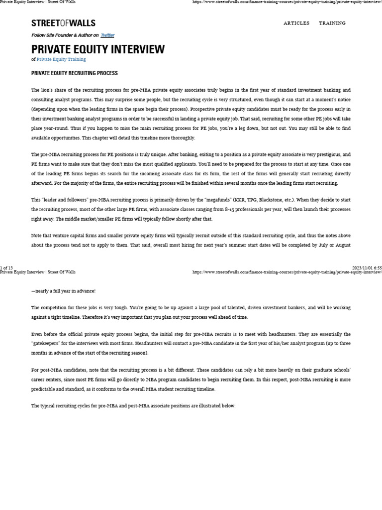 Private Equity Interview Street of Walls | PDF | Private Equity | Recruitment