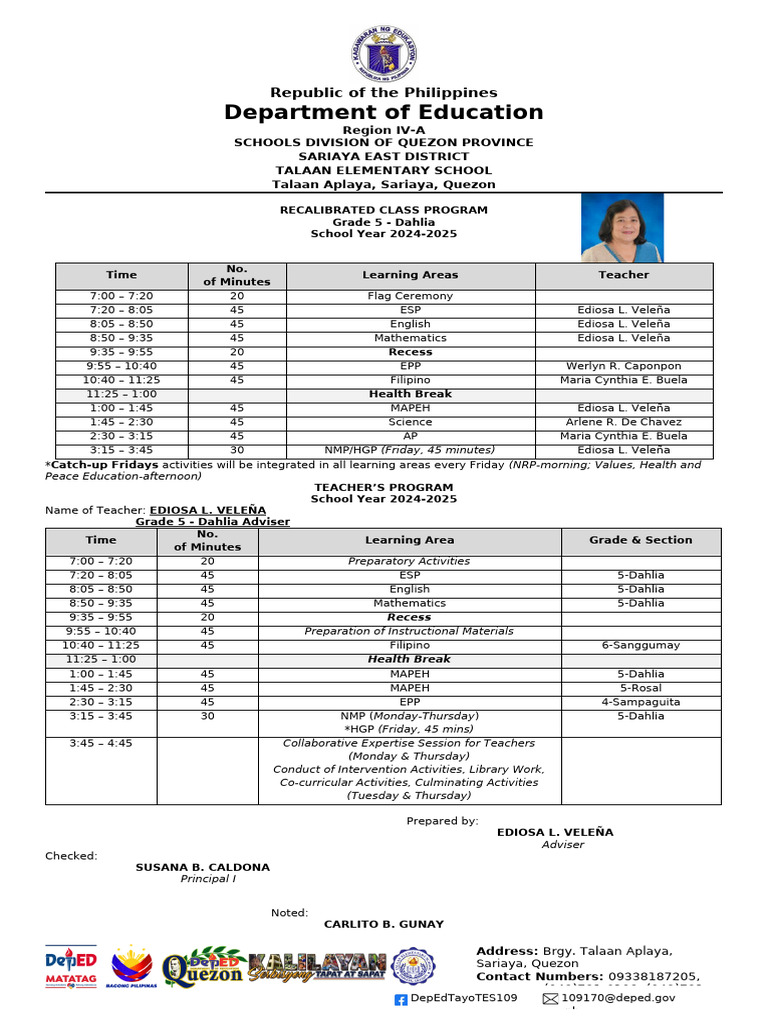 Grade 5 Class Program 2024-2025 | PDF | Public Administration | Government