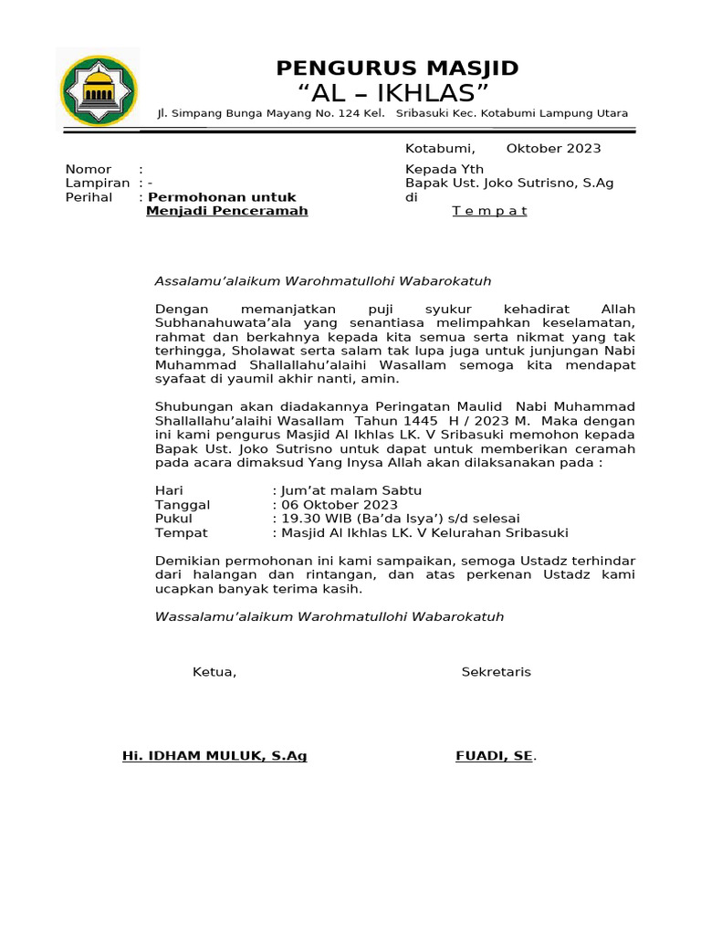 Surat Permohonan Menjadi Penceramah Masjid | PDF