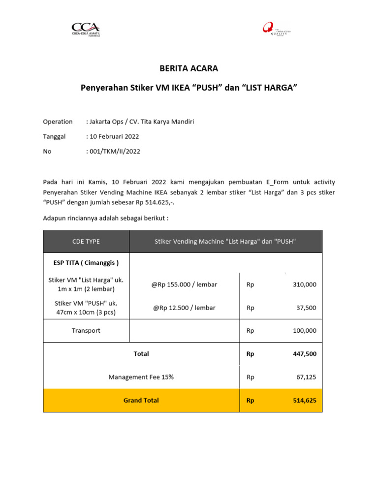 BA E-Form Stiker VM Ikea 2022 - CV Tita Karya Mandiri | PDF
