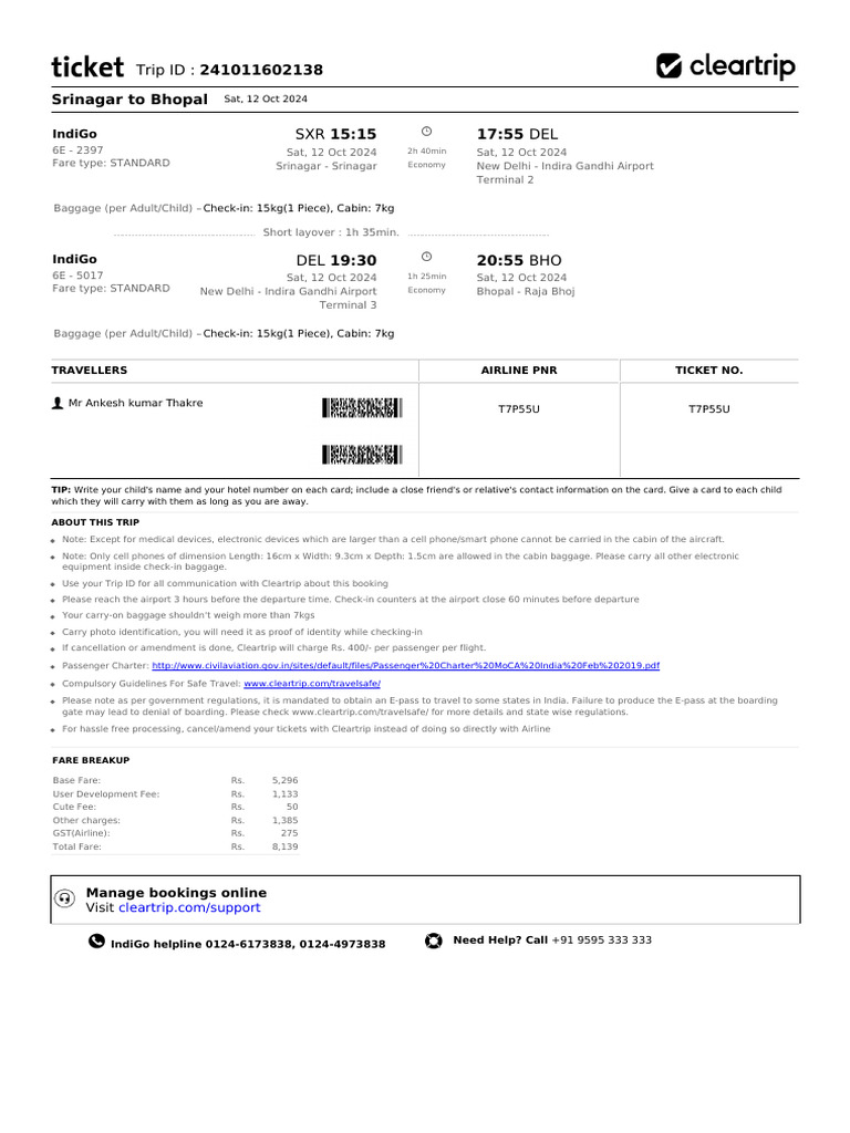 Srinagar to Bhopal Flight Details | PDF | Airport | Transport