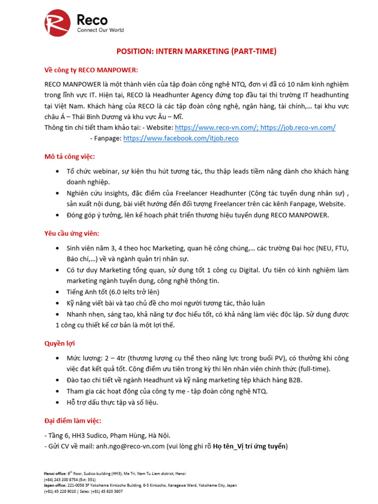 RECO Intern Marketing Part Time | PDF