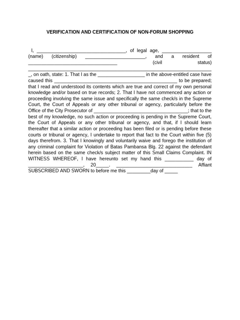 Non-Forum Shopping Certification Form | PDF