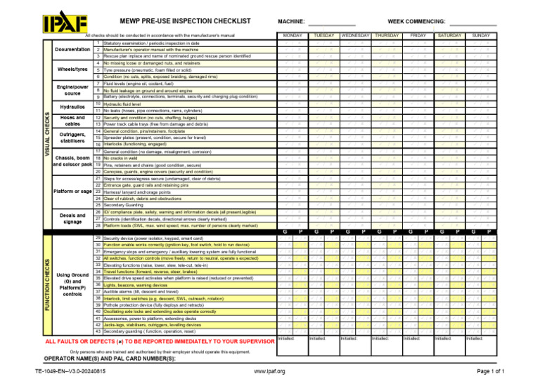 MEWP Pre-Use Inspection Guide | PDF | Vehicles | Manufactured Goods
