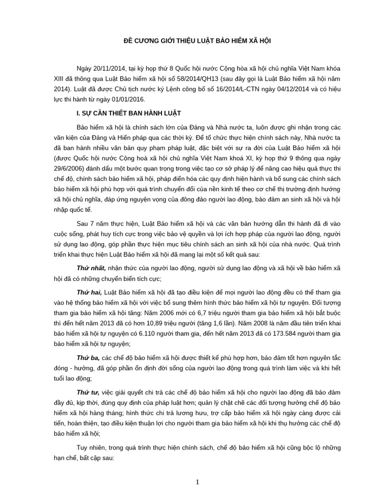De Cuong Gioi Thieu Luat Bao Hiem Xa Hoi 2014 | PDF