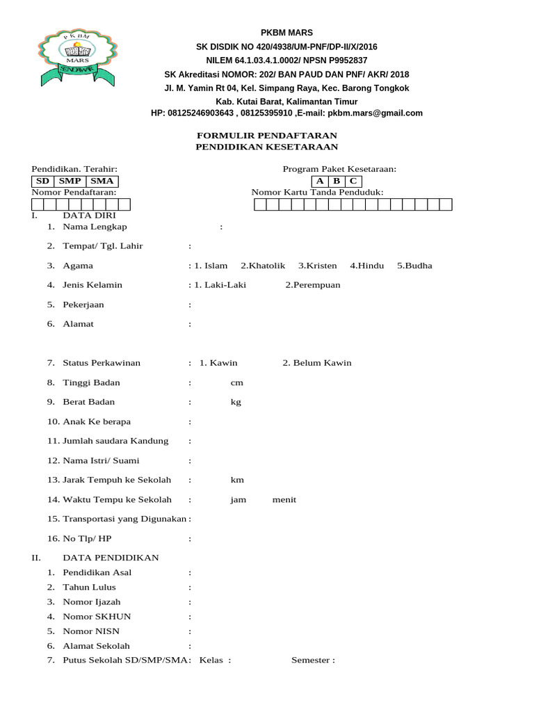 Formulir PKBM Mars | PDF