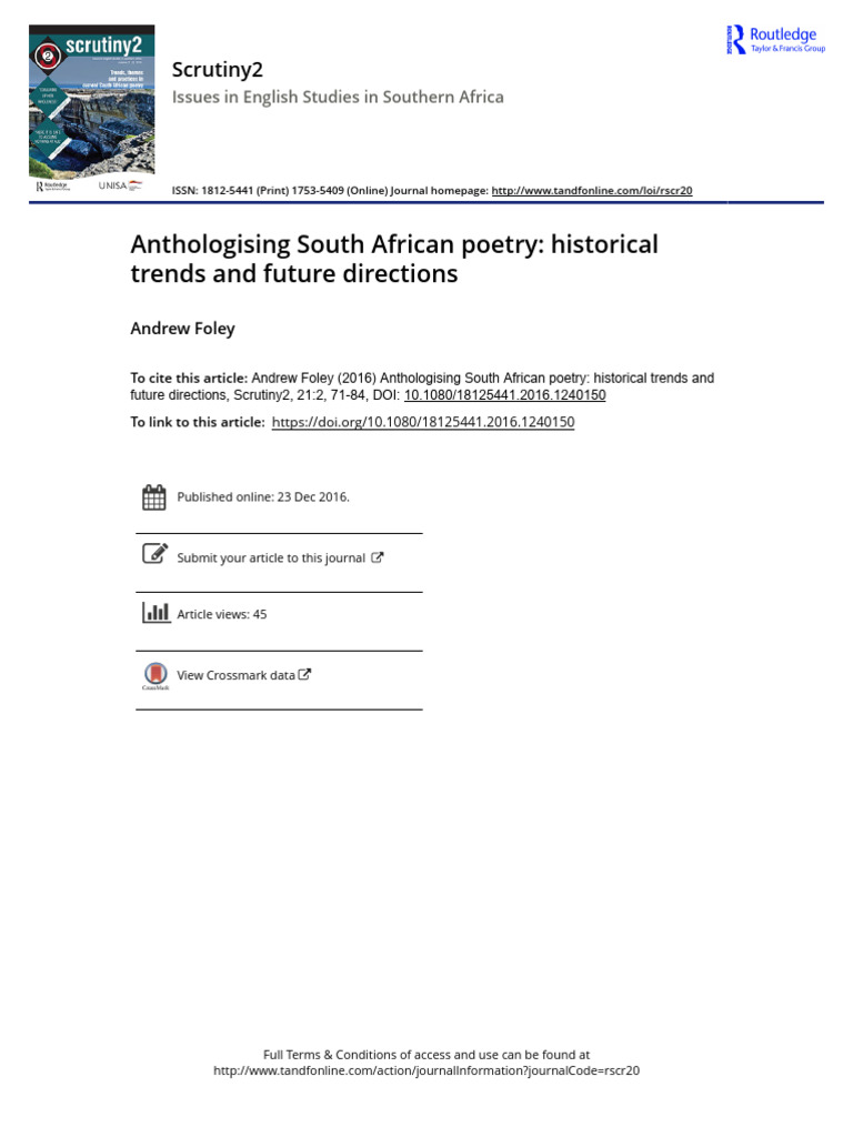 Anthologising South African Poetry Historical Trends and Future ...