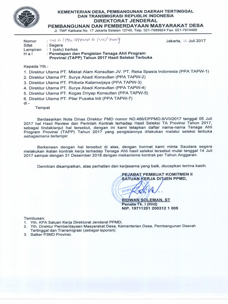 Surat PPK ttg Penetapan dan Pengisian TAPP 2017 Hasil Seleksi TAPW-3 | PDF