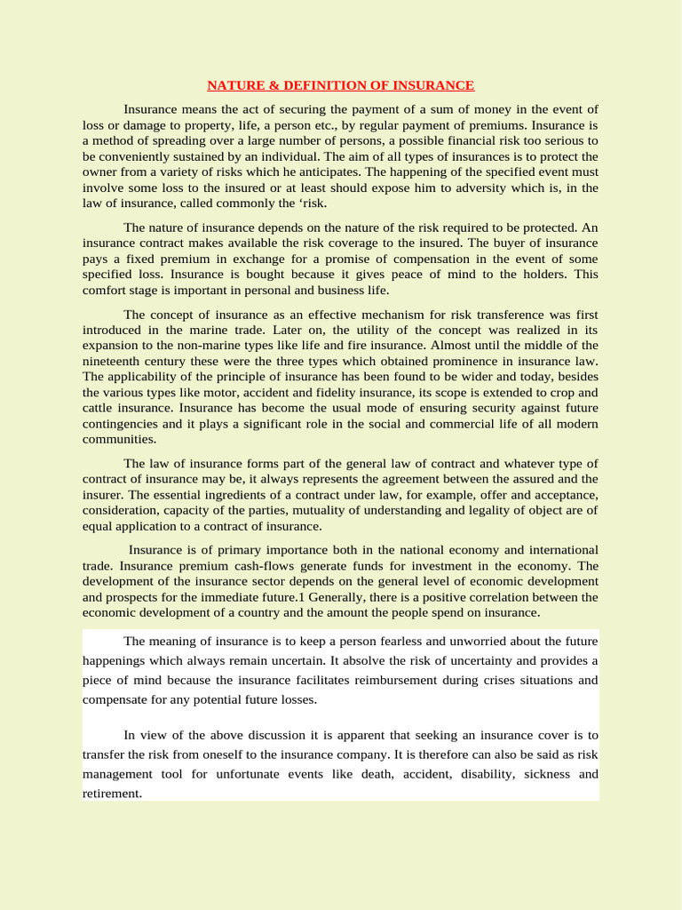 Nature Definition of Insurance | PDF | Insurance | Risk