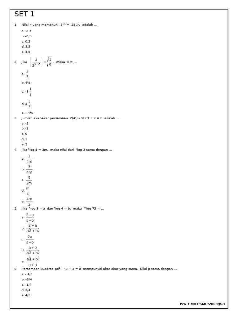 Pra 1 Mat IPS SMU Set 1 | PDF