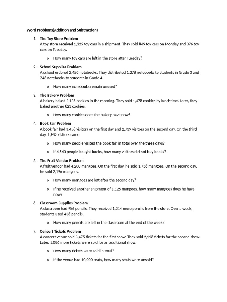 Word Problems Grade 3 Addition and Subtraction | PDF | Agriculture