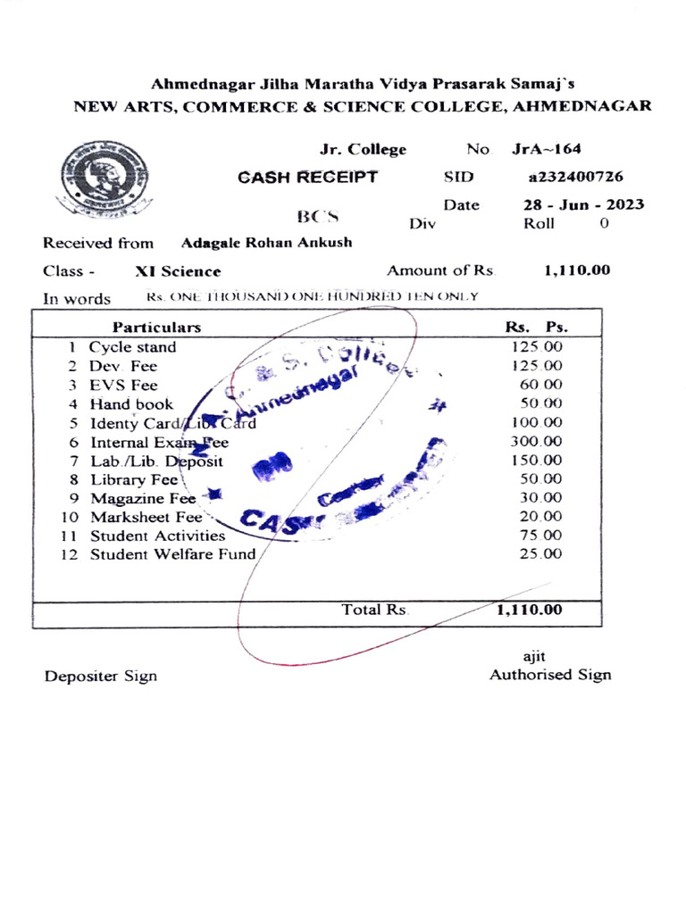 11th Cash Receipt | PDF