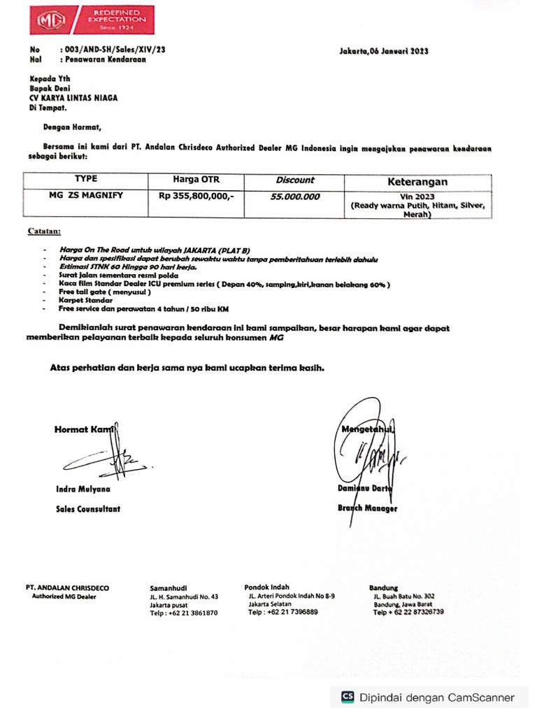 Surat Penawaran MG Zs | PDF