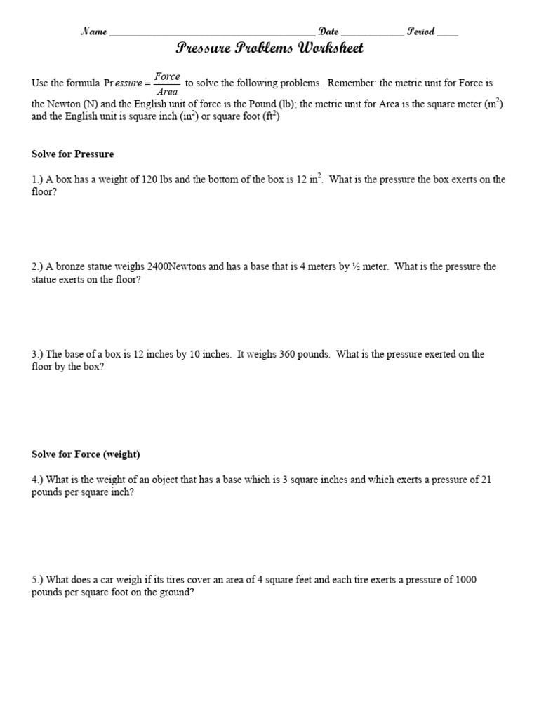 Pressure Problems Worksheet #1 - Colina Middle School | PDF | Pound ...