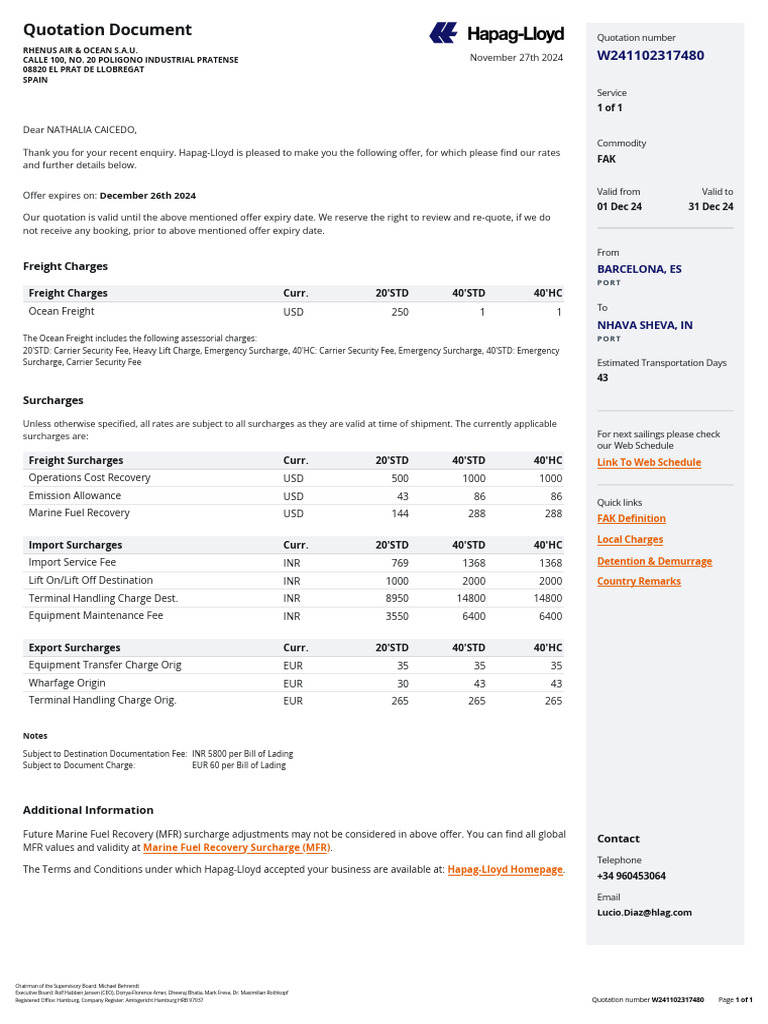 Hapag-Lloyd Shipping Quote: Barcelona to Nhava Sheva | PDF | Cargo | Fee
