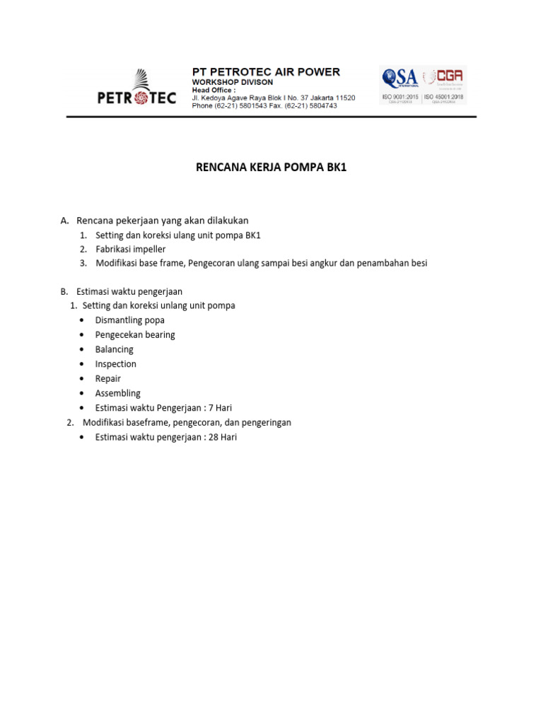 Rencana Kerja Pompa BK1 | PDF