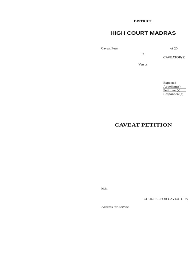 Madras High Court Caveat Petition Form | PDF | Common Law | Legal Procedure