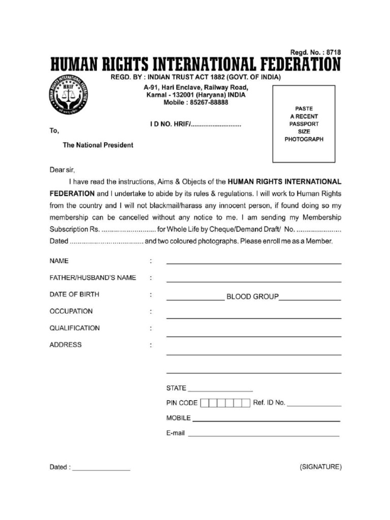 Human Rights International Foundation Membership Form | PDF