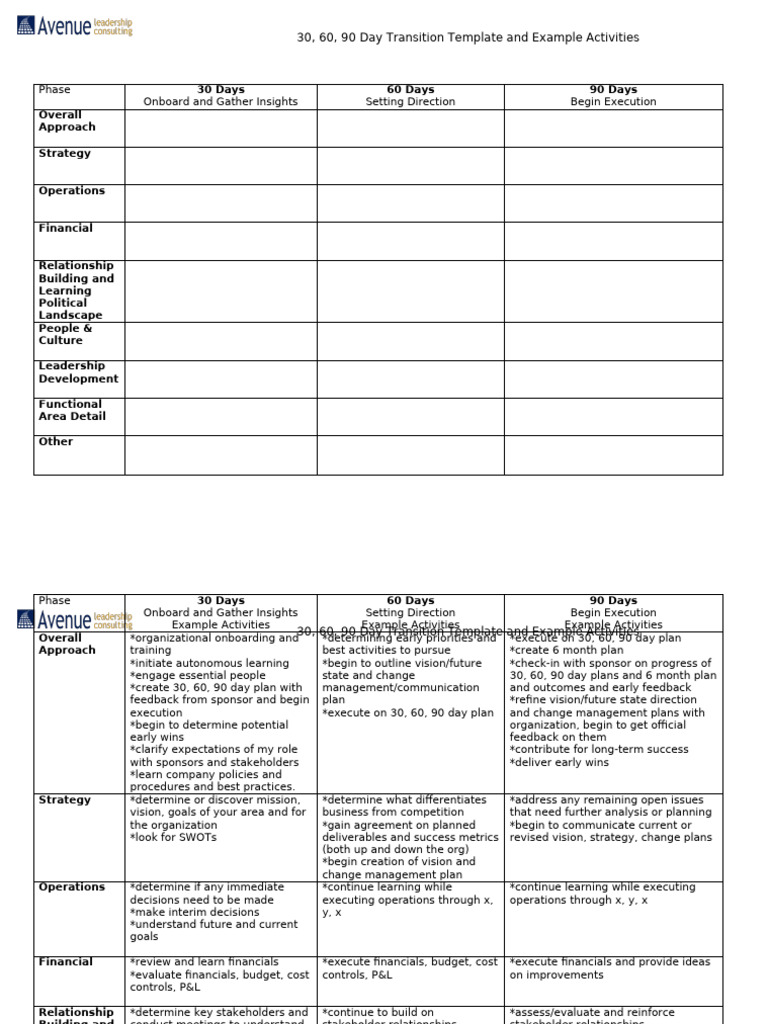 30 60 90 Day Transition Template | PDF | Social Psychology | Business