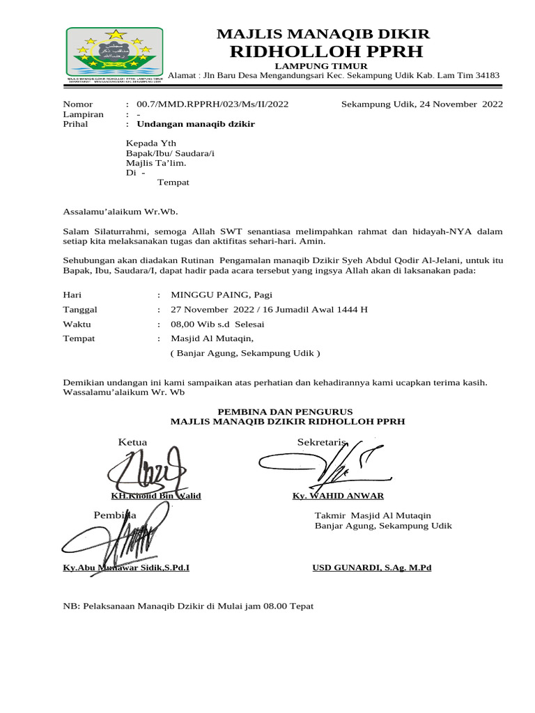 UNDANGAN MANAQIB ZIKIR - 27 - 11-2022 Masjid P Gun Nardi | PDF