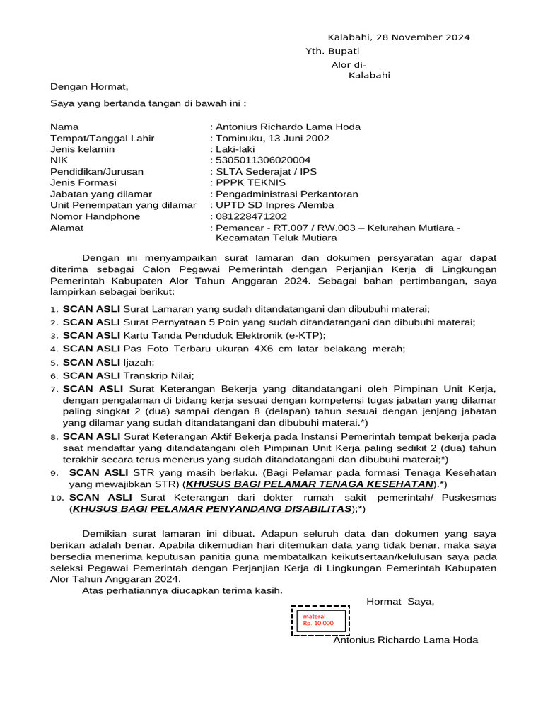 Surat Lamaran Rikar | PDF