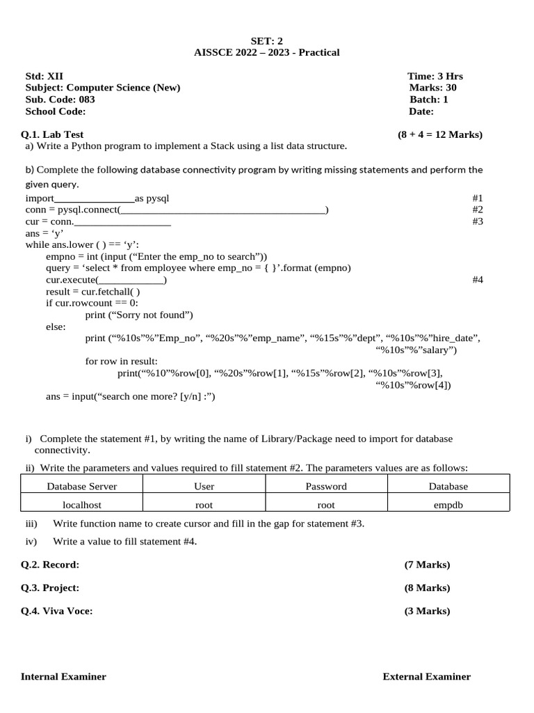 AISSCE CS Practical QP-0002 | PDF | Databases | Information Technology AISSCE CS Practical QP-0002 | PDF | Databases | Information Technology