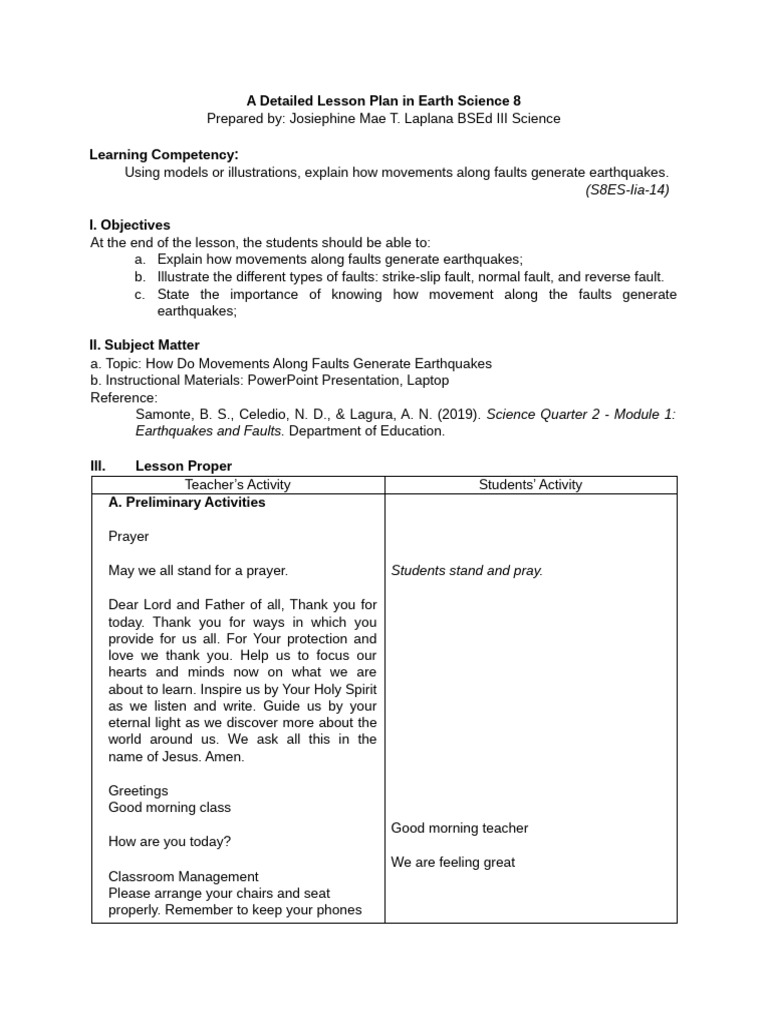 A Detailed Lesson Plan in Earth Science 8 V2 | PDF | Fault (Geology ...