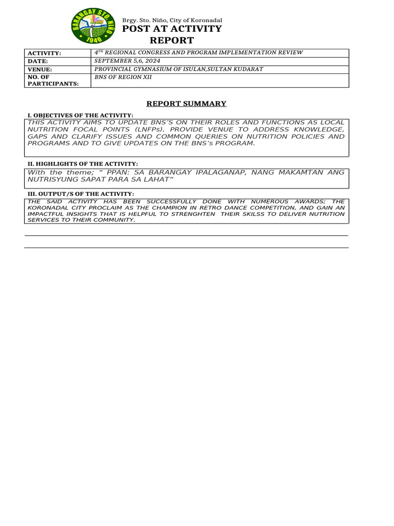 Regional Congres and Pir Post Activity Report | PDF