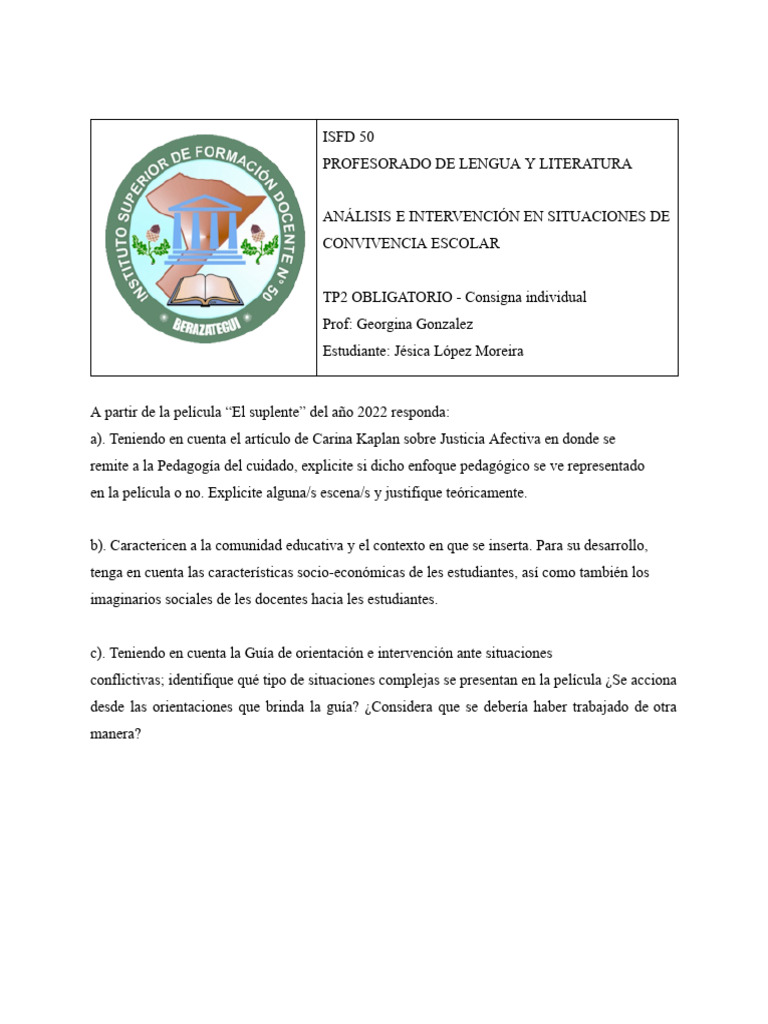 Tp2 Obligatorio - Consigna Individual. Aisce | PDF | Violencia | Pedagogía
