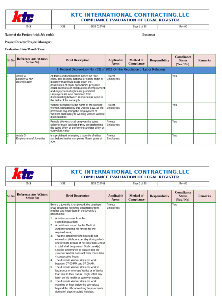 Hse 02 F 02 R 00 - Compliance Evaluation of Legal Register | PDF | Employment | Overtime
