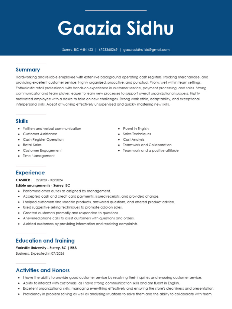 Gaazia Sidhu Resume | PDF | Business | Human Communication