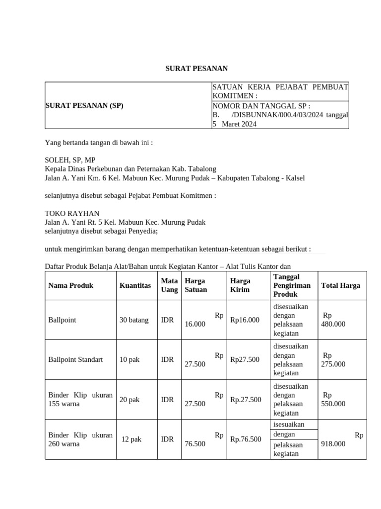 Draft Surat Pesanan Atk | PDF