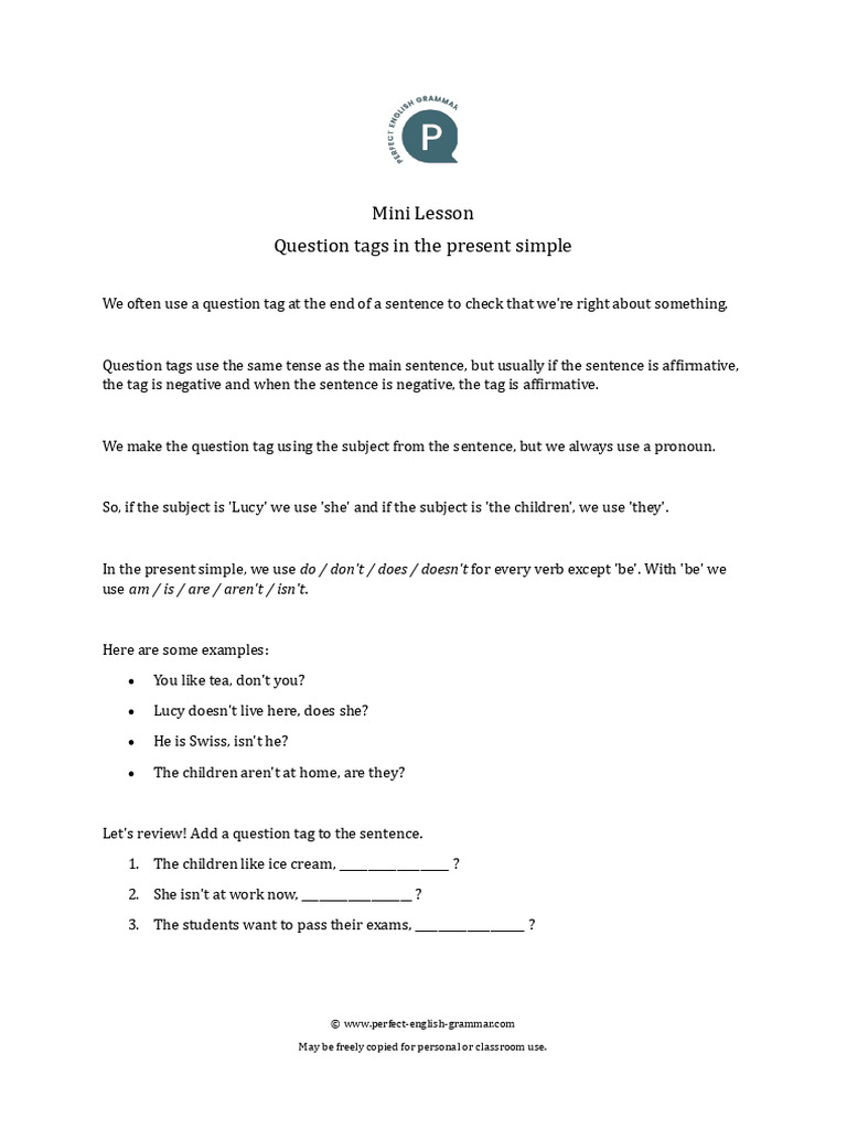 Peg Mini Lesson Present Simple Question Tags | PDF