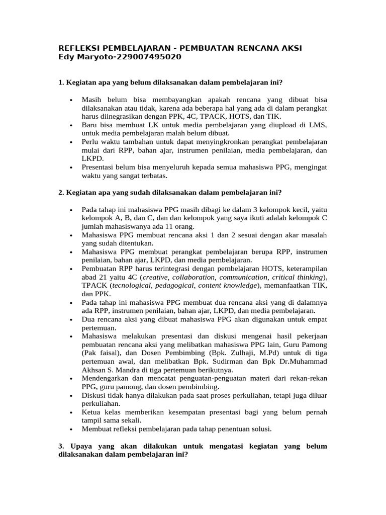 Refleksi Pembelajaran - Pembuatan Rencana Aksi 2 | PDF