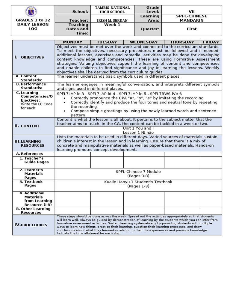 SPFL-CM 7 Lesson Plan Lesson 1 | PDF | Learning | Human Communication