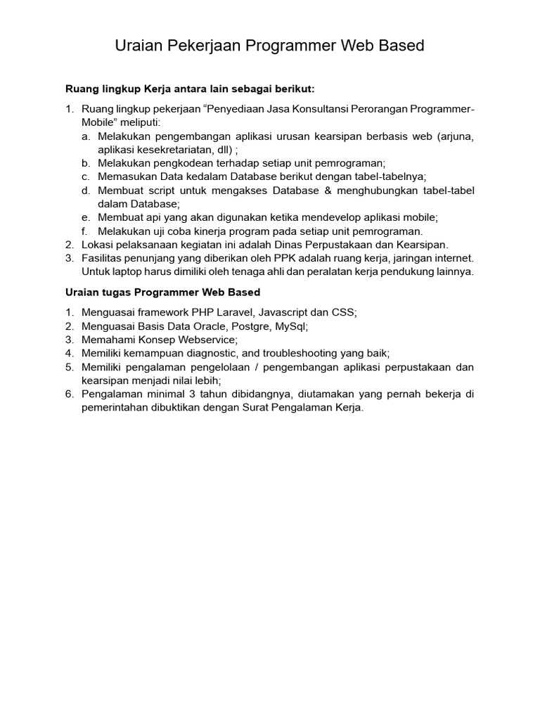 Uraian Pekerjaan Programmer WebArsip | PDF