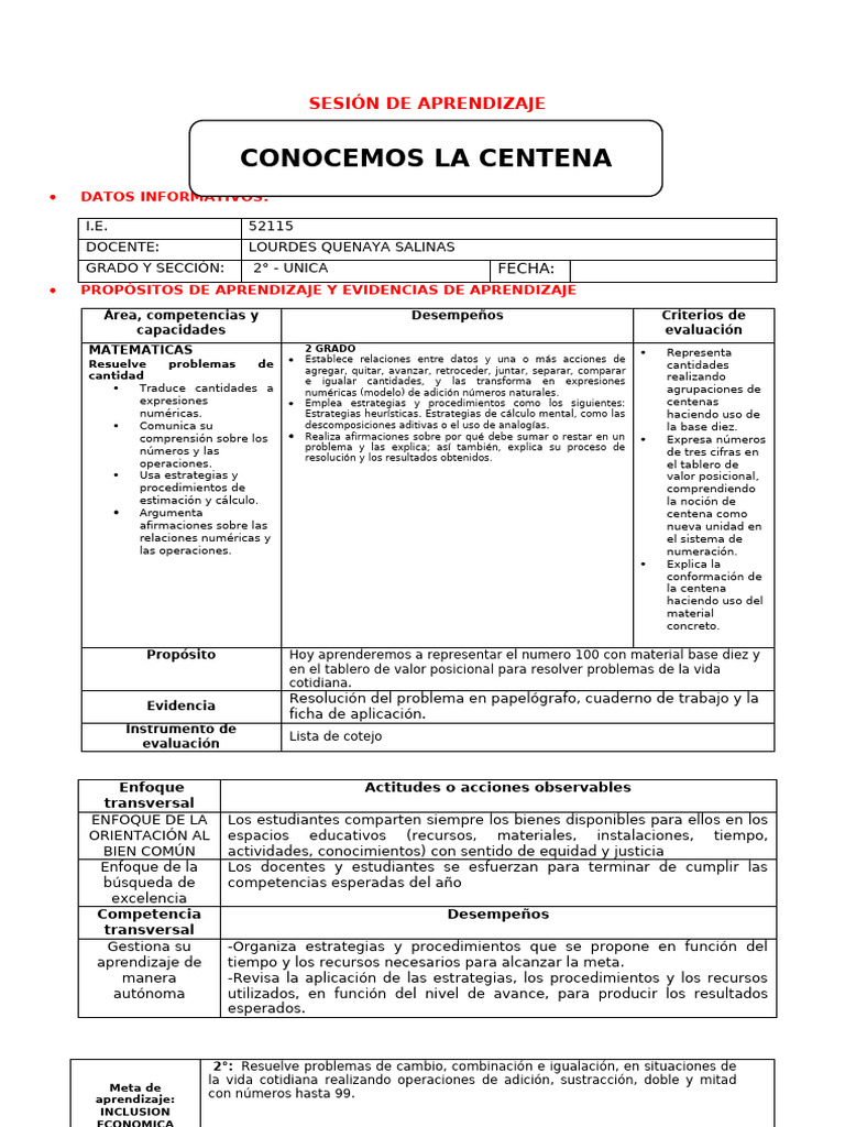 U8 s2 Sesion d2 Mat Conocemos La Centena 998591174 | PDF | Aprendizaje | Evaluación