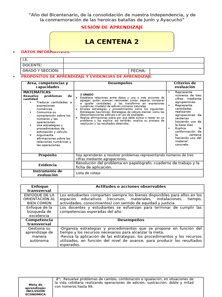 U8 s2 Sesion d4 Mat La Centena 2 998591174 | PDF | Aprendizaje | Evaluación