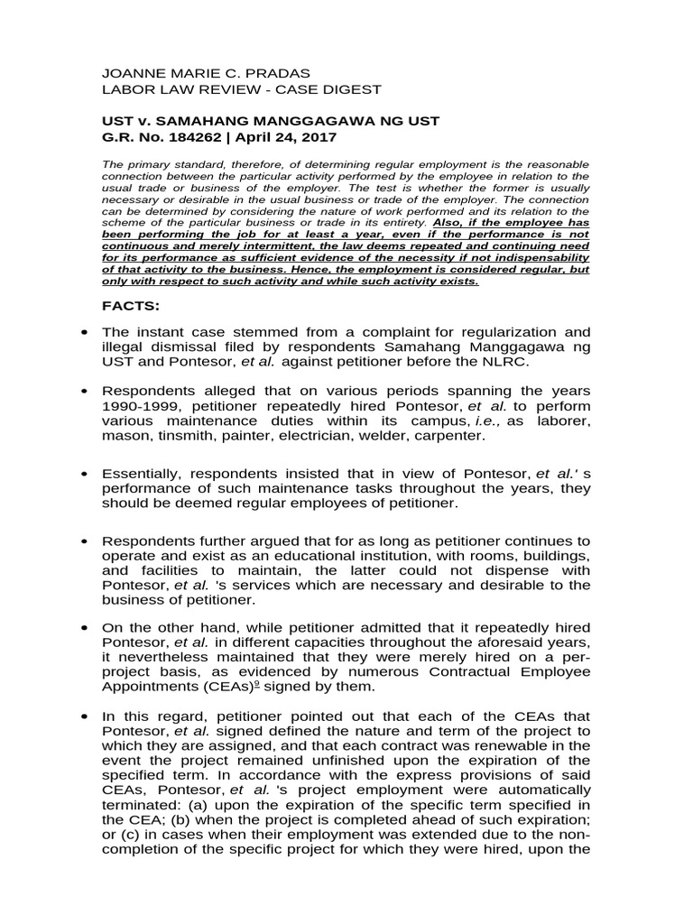 LLR Case Digest Ust V Samahang Manggagawa NG Ust | PDF | Employment | Labour Law