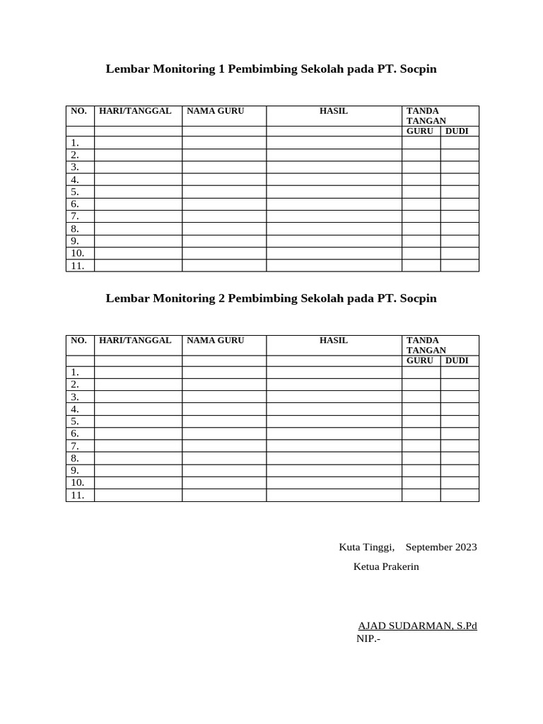 Lembar Monitoring Pembimbing Sekolah | PDF