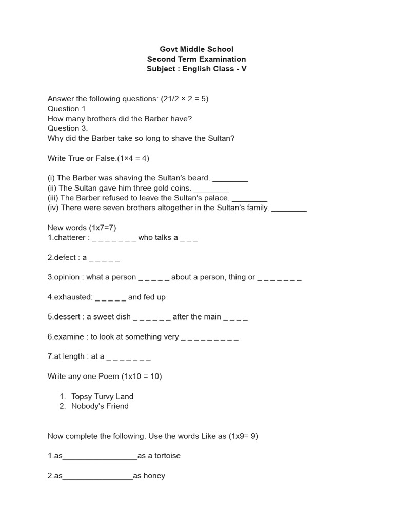 Class 5 Questions | PDF