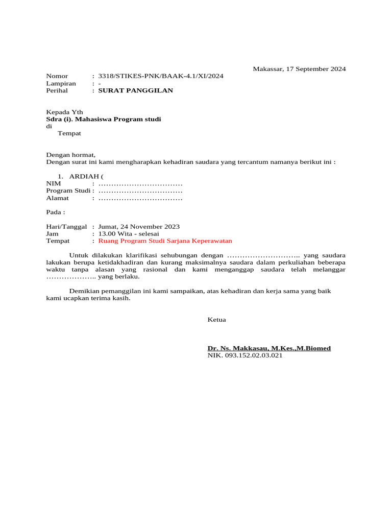 Surat Panggilan Mahasiswa | PDF