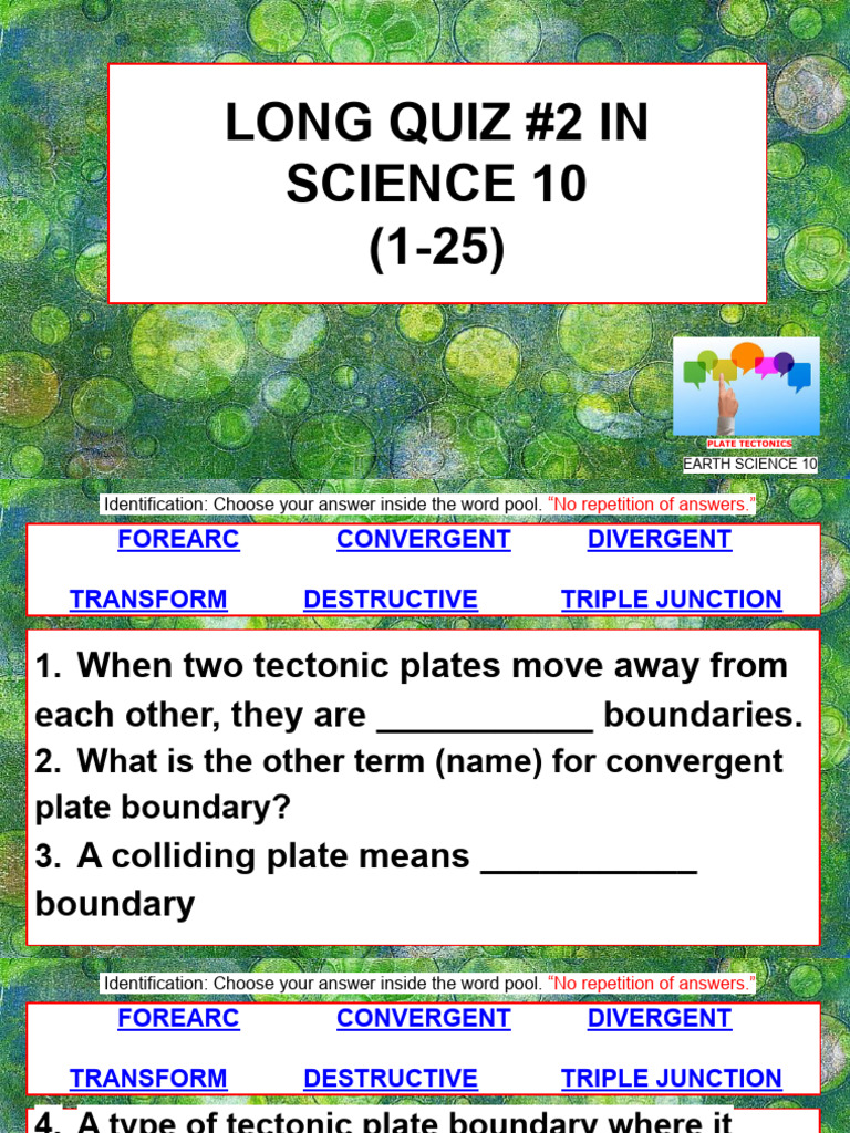 Plate Boundaries Mechanisms Long Quiz Science 10 | PDF | Plate ...