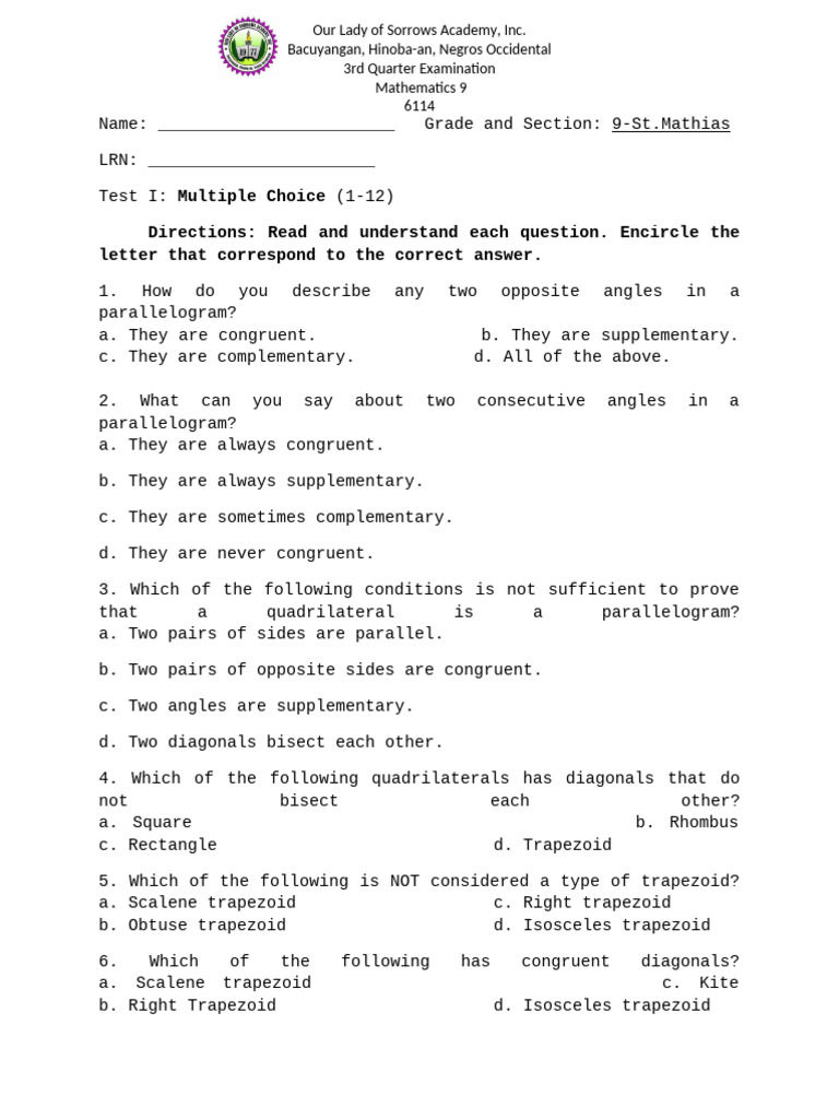 3rd Quarter Math 9-WPS Office1 | PDF | Rectangle | Triangle